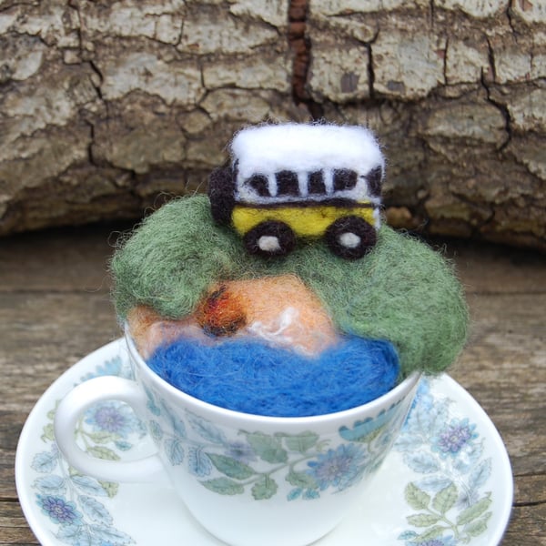 Campervan scene in a vintage tea cup. Fibre ar... - Folksy