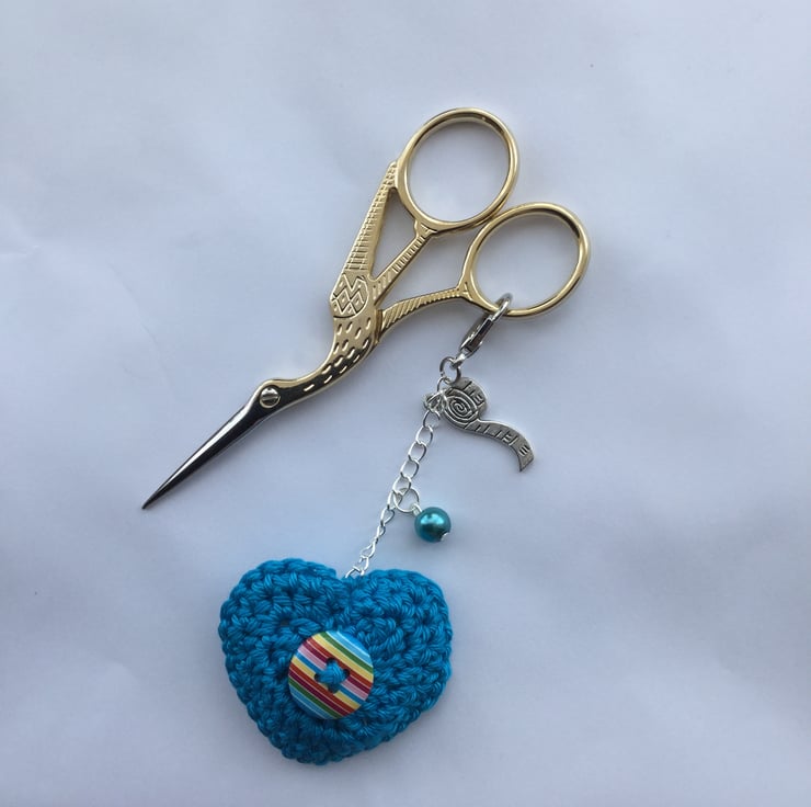 Scissor Keeper Fob with Crochet Heart in Turquoise - Folksy