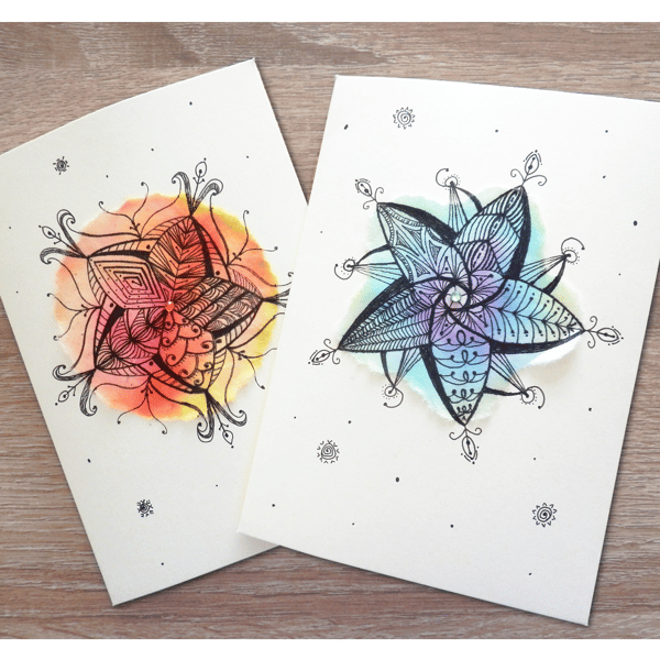 Flower notecards, set of 2, doodle art, hand drawn - Folksy