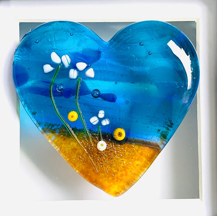 Cast fused glass heart in a box frame - seascape - Folksy
