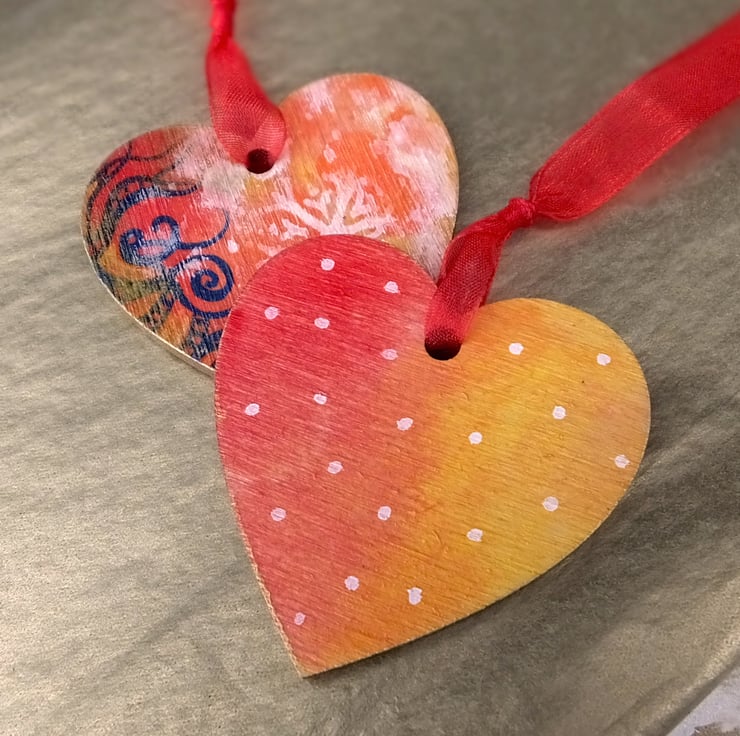 Heart shaped pair of bright handpainted Christm... - Folksy