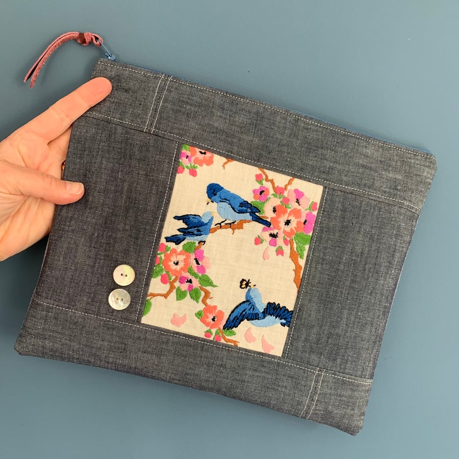 Repurposed bird embroidery pouch - Folksy