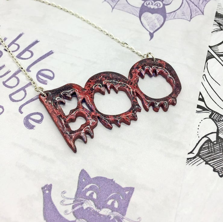 Boo Wooden word necklace in red and black Hallo... - Folksy