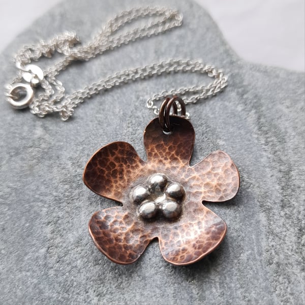 Copper Flower Oxidised Pendant With Sterling Si... - Folksy