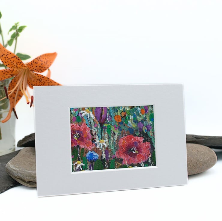 A small mounted painting - colourful flowers - ... - Folksy