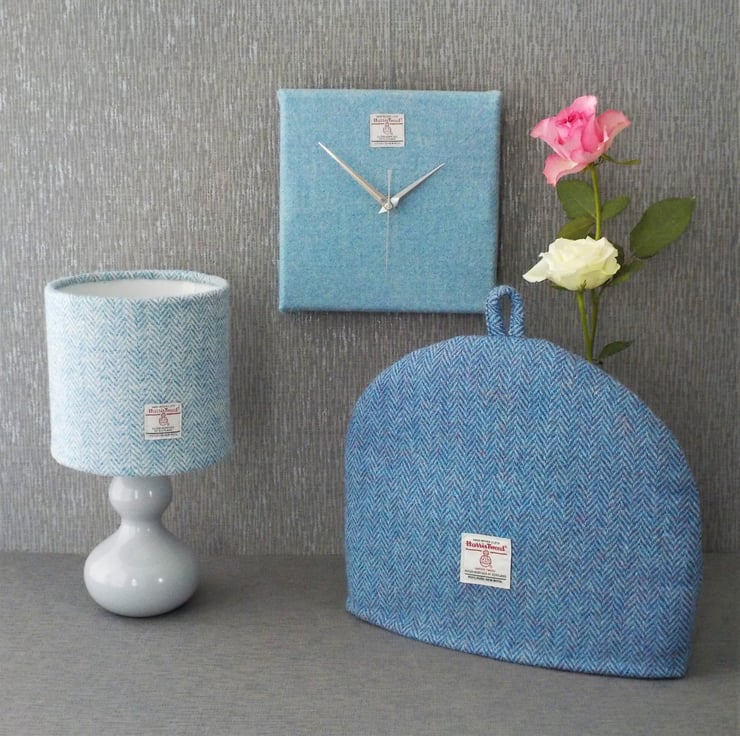 Harris Tweed square clock pale blue British woo... - Folksy