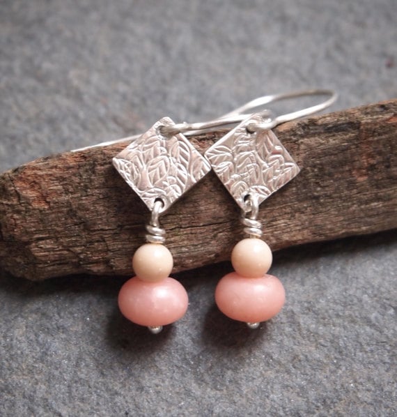 Leaf drop earrings, silver earrings with rose jade - Folksy