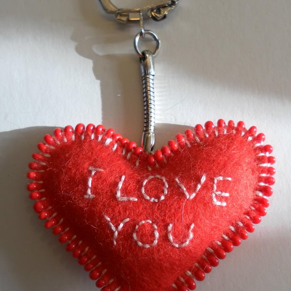 Red Felt Heart Keyring, hand embroidered and b... - Folksy
