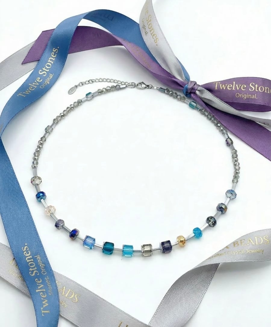 Mixed Blue Cube Necklace in Silver Steel - Folksy