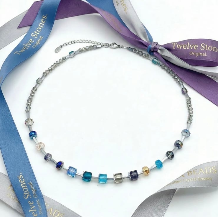 Mixed Blue Cube Necklace in Silver Steel - Folksy
