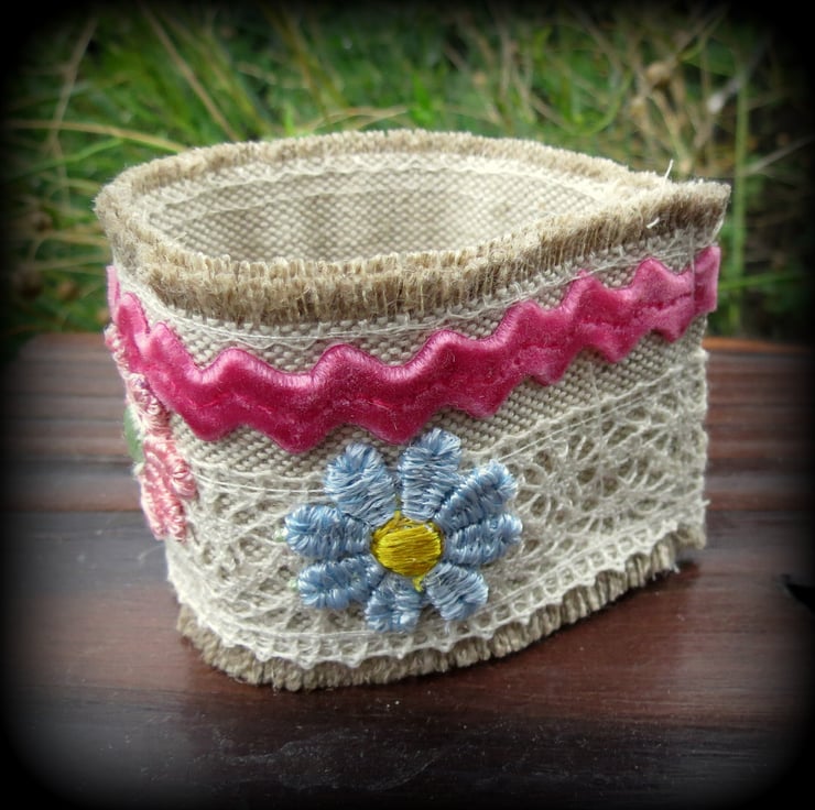 A linen and lace fabric cuff bracelet. - Folksy
