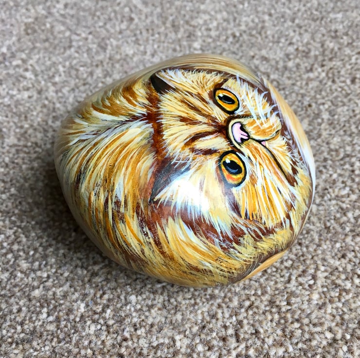 Cat hand painted pebble garden rock art pet Por... - Folksy