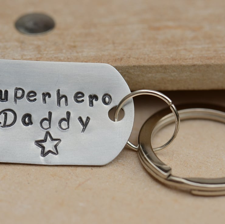 Superhero Daddy Handstamped Aluminium Keyring - Folksy