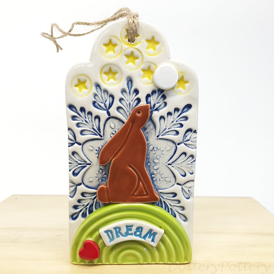 Large decorative ceramic tag. Moongazing hare - Folksy