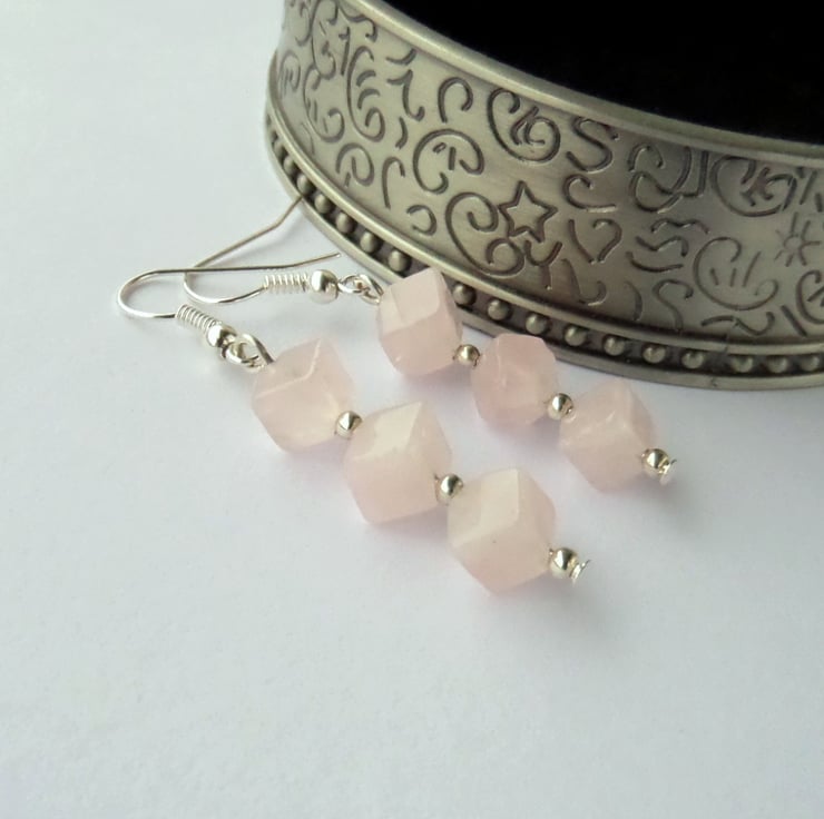 Handmade rose quartz cube earrings - Folksy