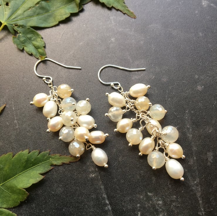 Freshwater Pearl & Chalcedony Waterfall Ear... - Folksy