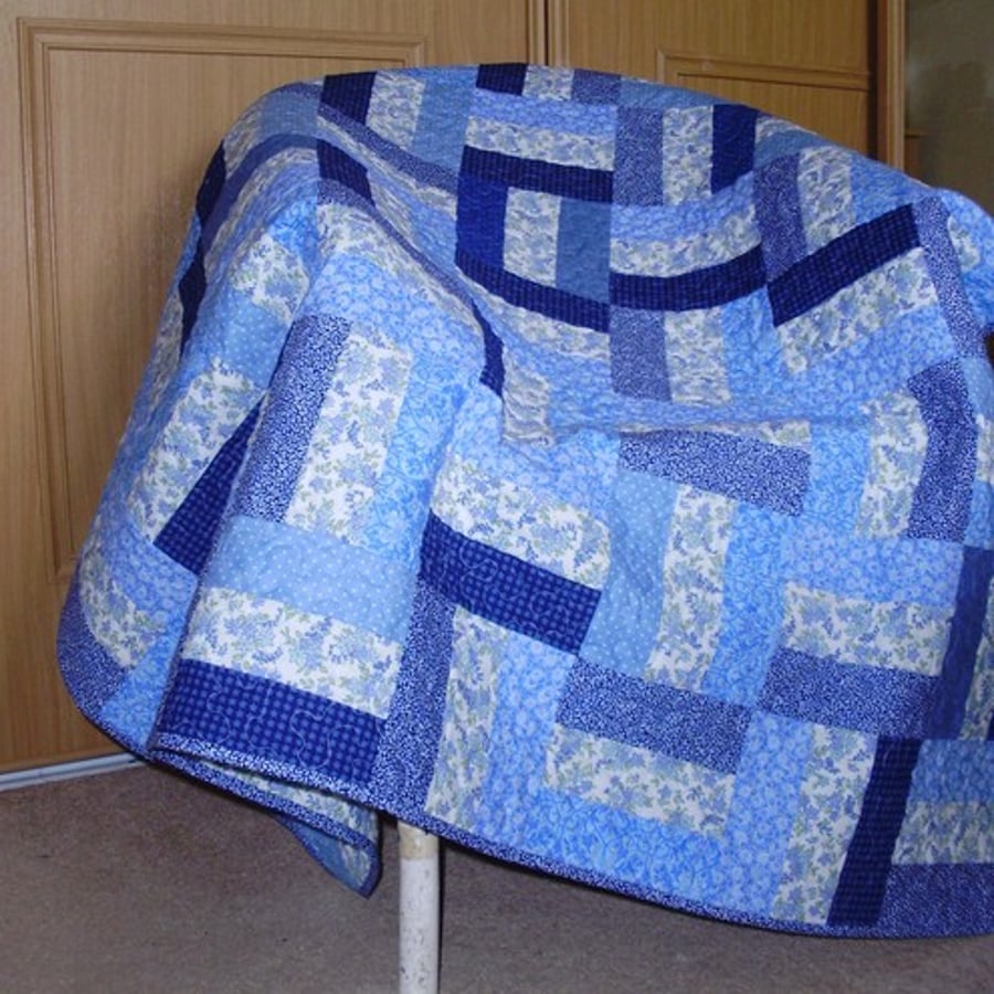 Blue patchwork throw or sofa quilt or small bed... - Folksy