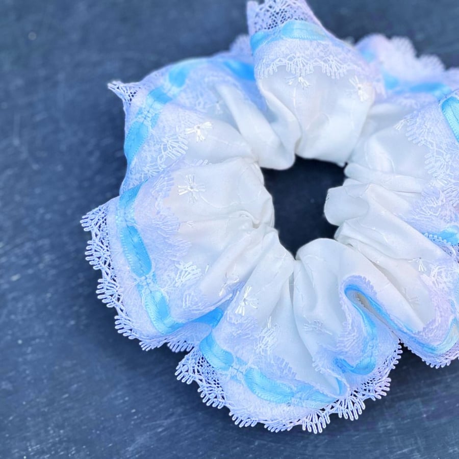 Vintage Lace Scrunchie - Blue Ribbon - Folksy