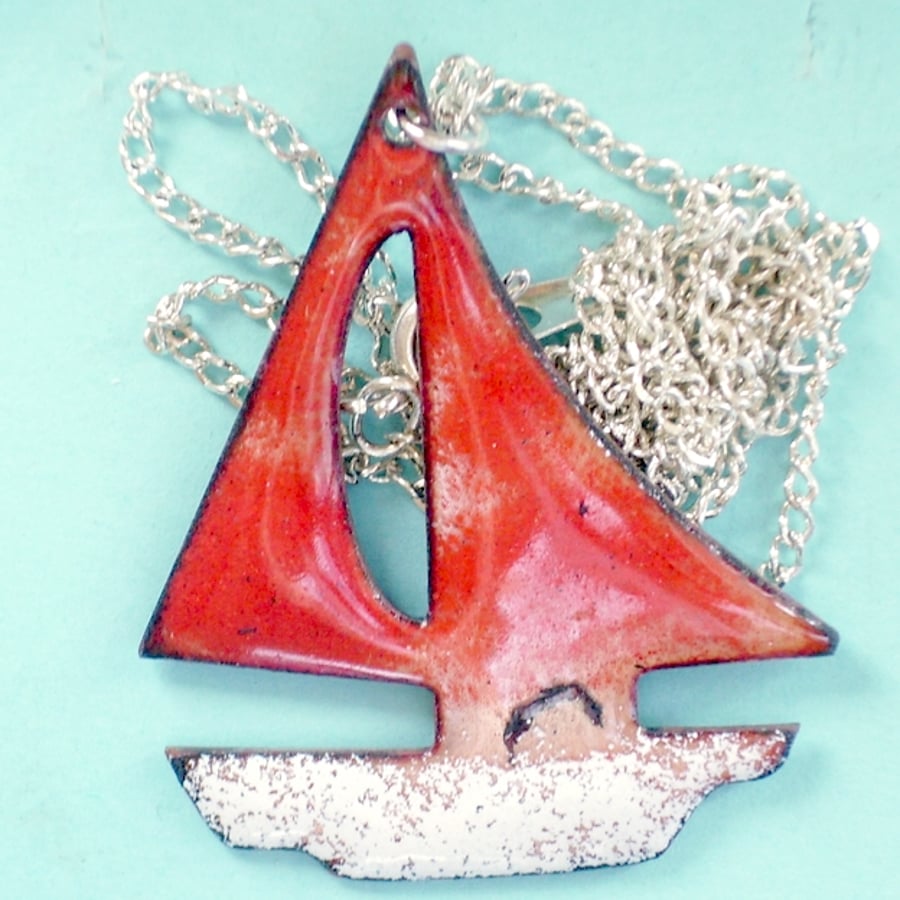 red sails, white hull - pendant - boat No2 - Folksy