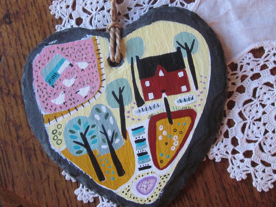 Slate Hanging Heart..Original painting of a lan... - Folksy