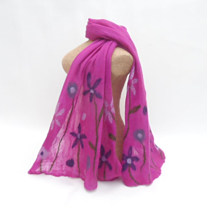 Fuchsia pink nuno felted scarf with floral detail - Folksy