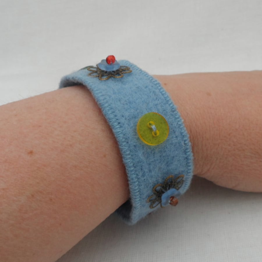 Beaded Felt Band Bracelet, Cuff, blue - Folksy