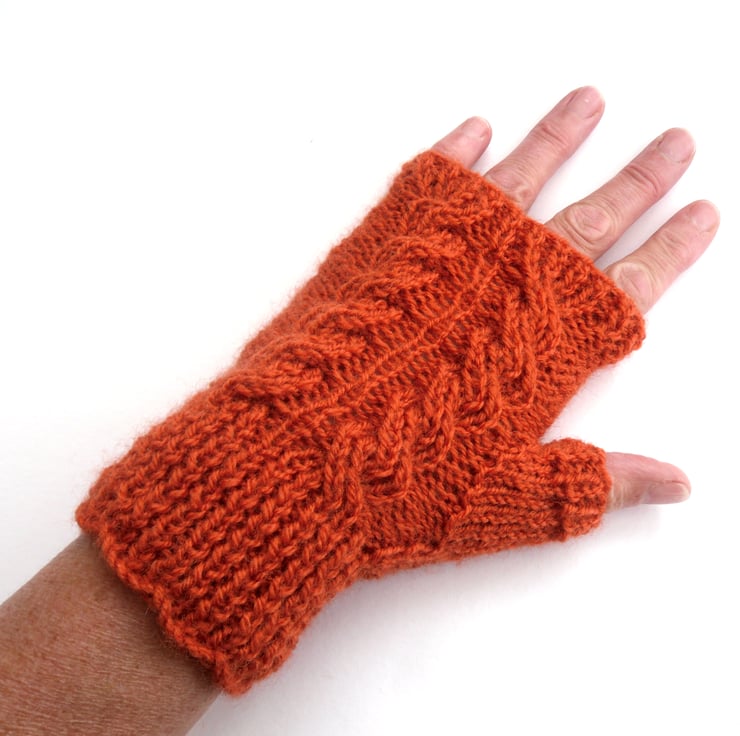 Bright orange cable fingerless gloves - Folksy
