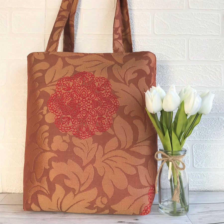 Terracotta leafy tote bag with red flower - Folksy