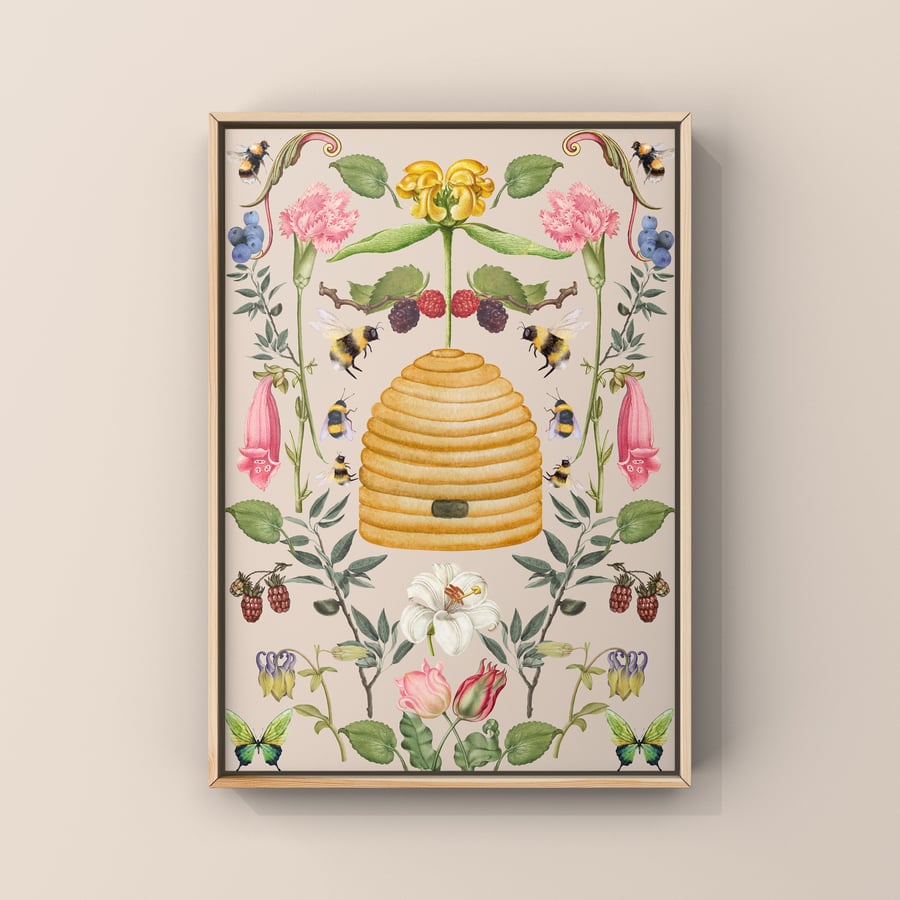 Honey Bees & The Hive Garden Poster A3 Bee ... - Folksy