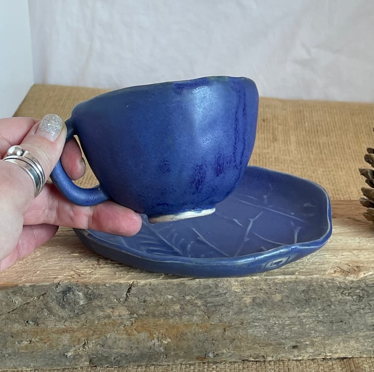 Hand made ceramic tea cup & saucer, blue te... - Folksy