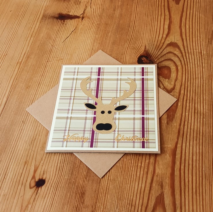 Tartan Stag Christmas Card – Natural - Folksy