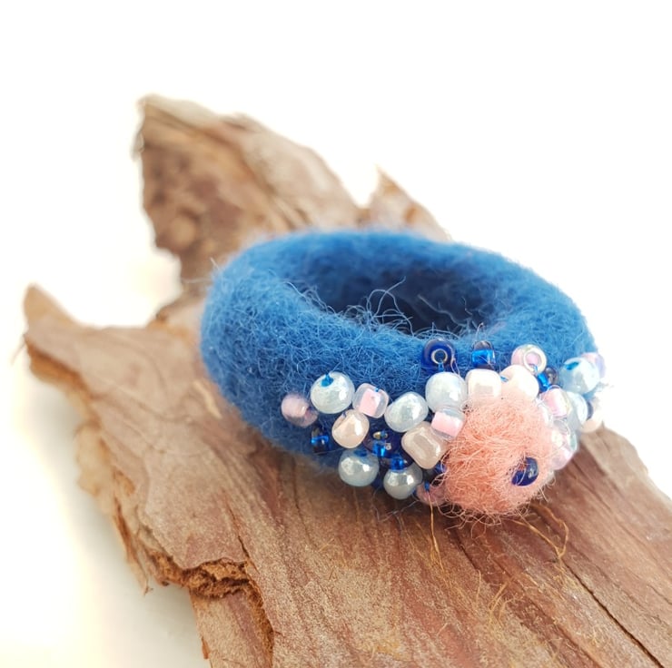 Handmade blue felted ring Unique textile jewell... - Folksy