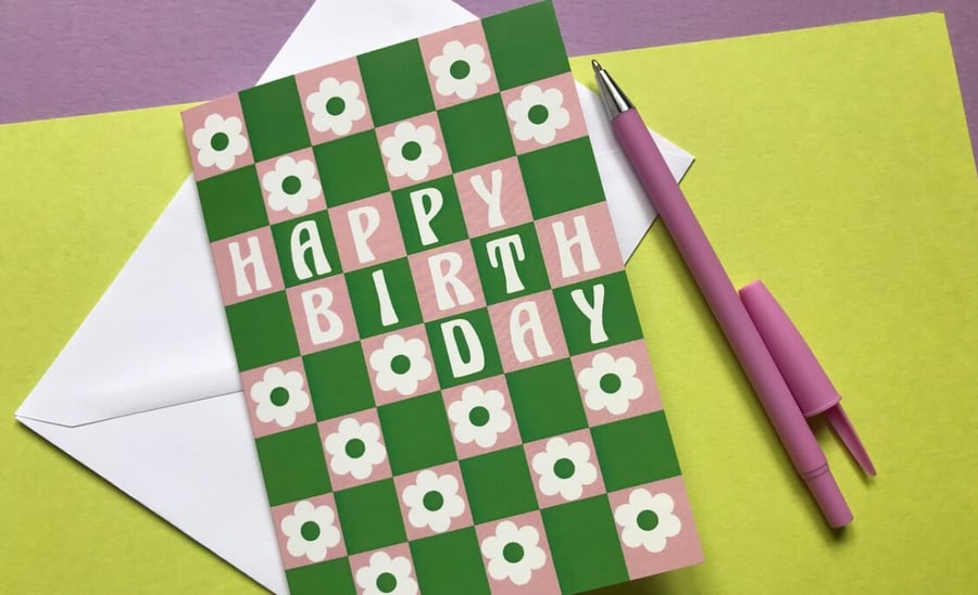 Happy Birthday Checkerboard Greetings Card - A6... - Folksy
