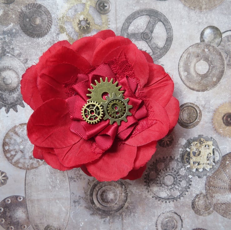 Ruby Red Steampunk Rose Flower Cogs Vintage Hai... - Folksy