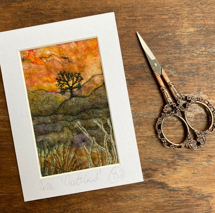 Embroidered wet felting sunset moorland landsca... - Folksy