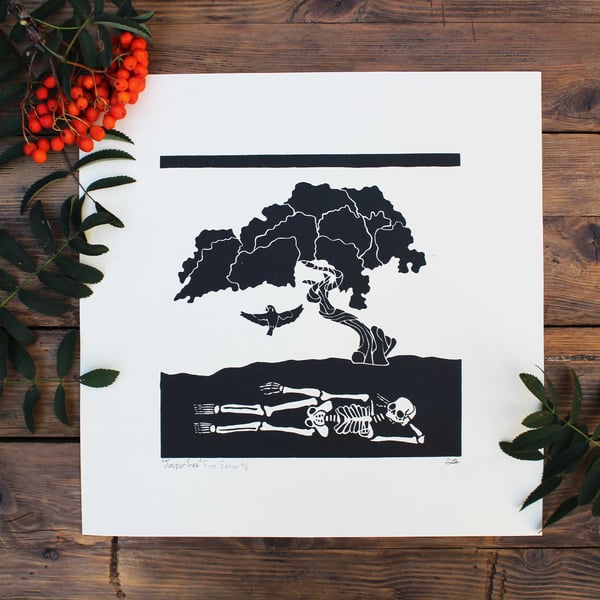 The Juniper tree Lino print Large Lino print - Folksy