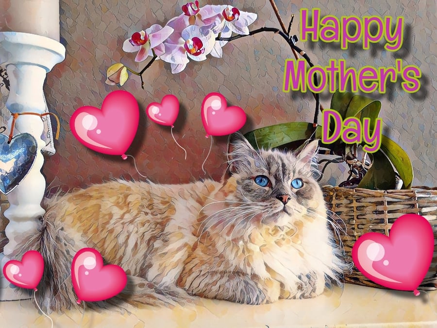 Happy Mother's Cat Card A5 - Folksy