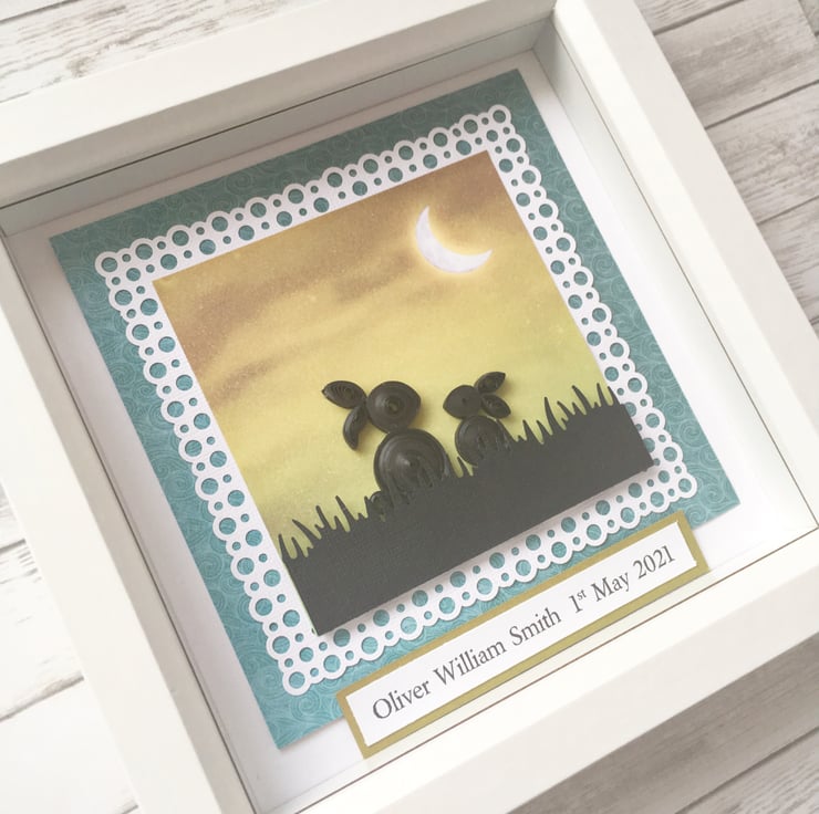 Baby box frame - quilled rabbits wall art - per... - Folksy