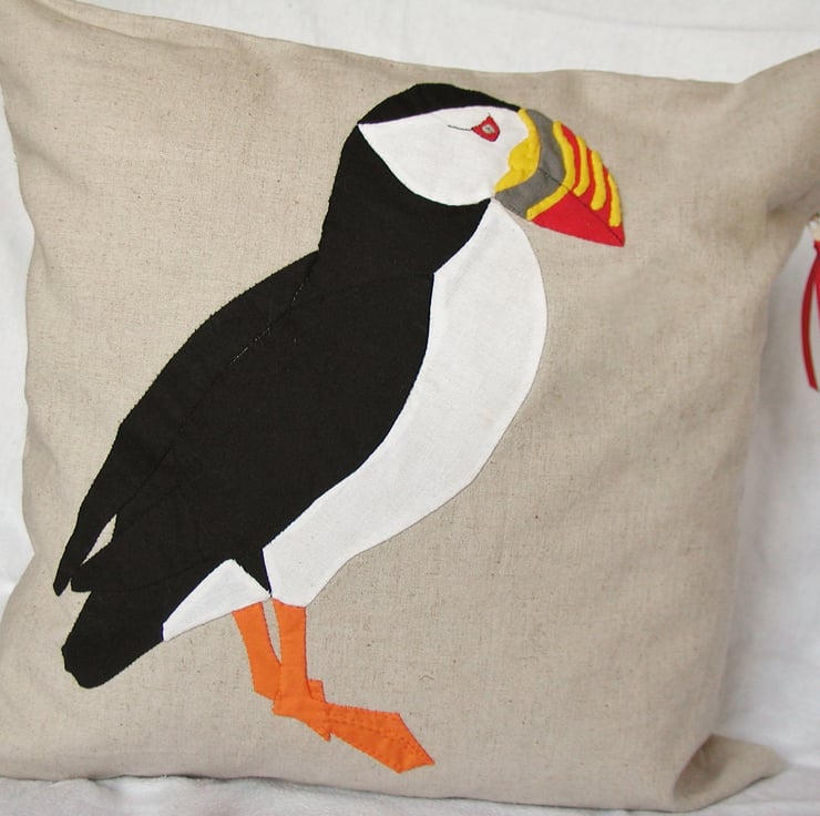 Puffin Applique Cushion - Folksy
