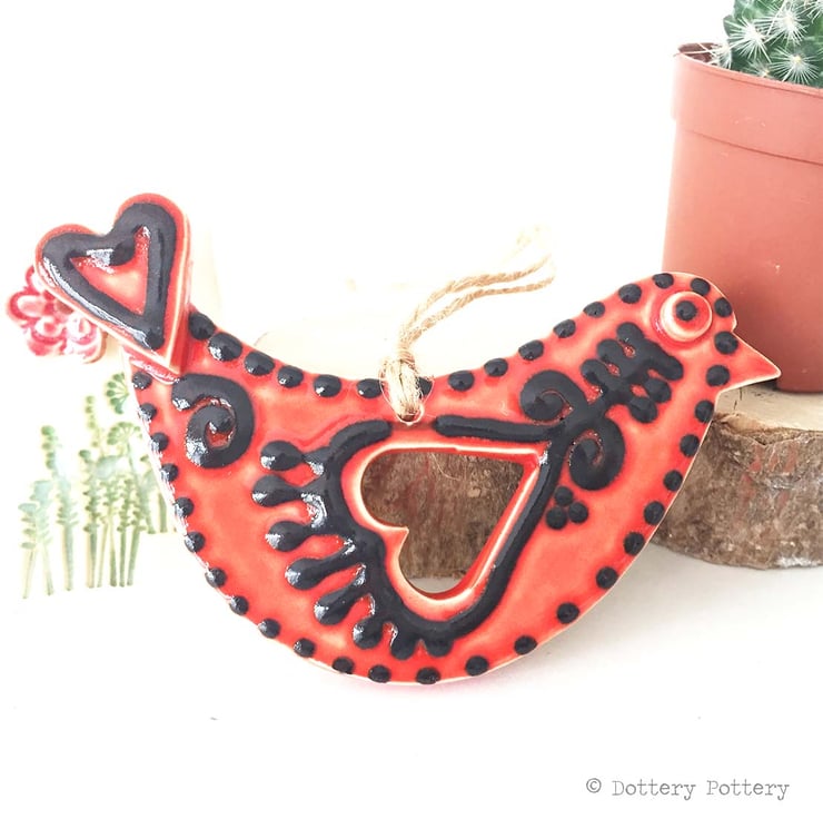 Ceramic folk art bird decoration Pottery bird - Folksy