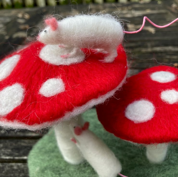 Needle felted toadstools with mice - Folksy