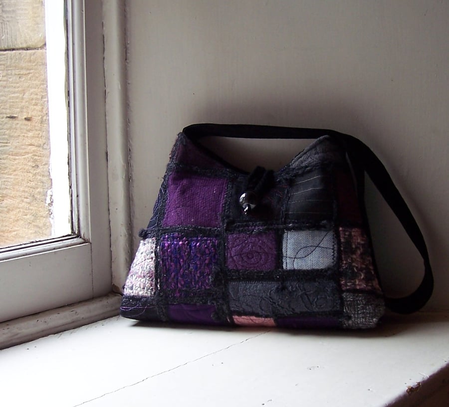 Textile art shoulder bag in purple, black and p... - Folksy