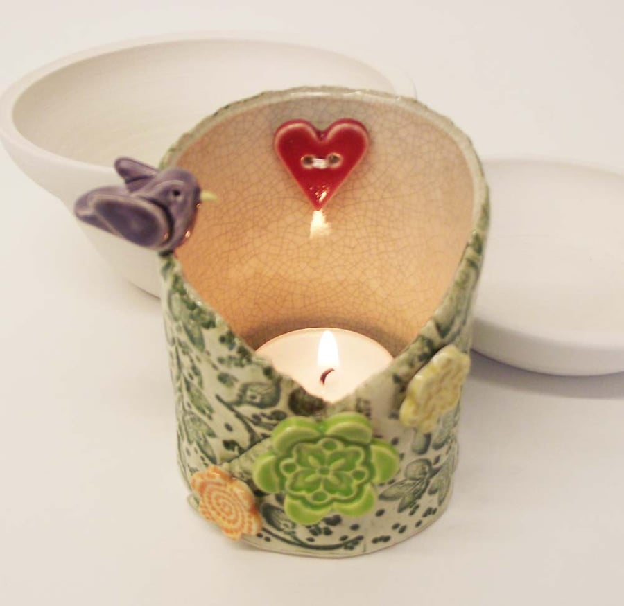 Spring flowers and bird ceramic candle holder - Folksy