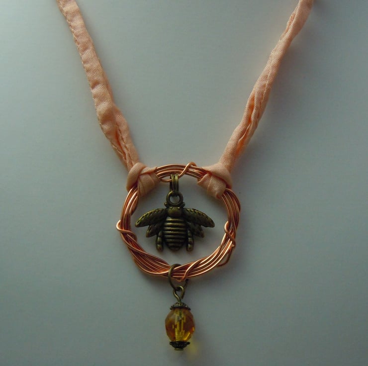 Handmade copper ring pendant, bee charm & c... - Folksy