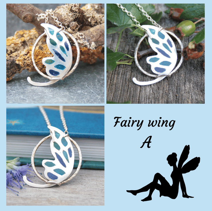 Silver fairy wing necklace, unique enamel necklace - Folksy