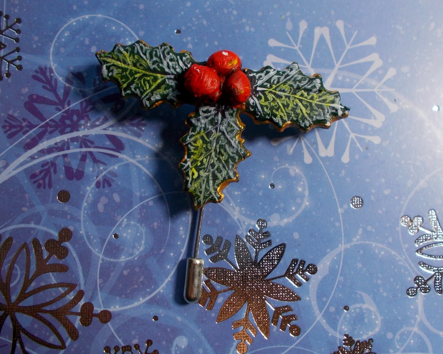 Chistmas HOLLY & RED BERRIES PIN Festive La... - Folksy