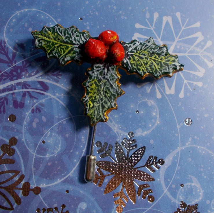 Chistmas HOLLY & RED BERRIES PIN Festive La... - Folksy