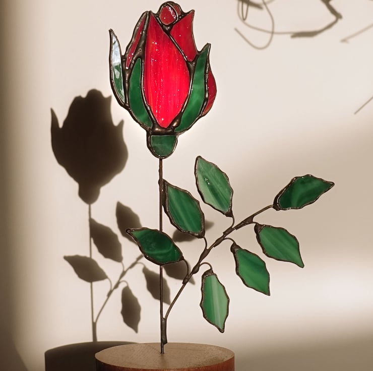 Stained Glass Single Red Rose Glass Art on soli... - Folksy
