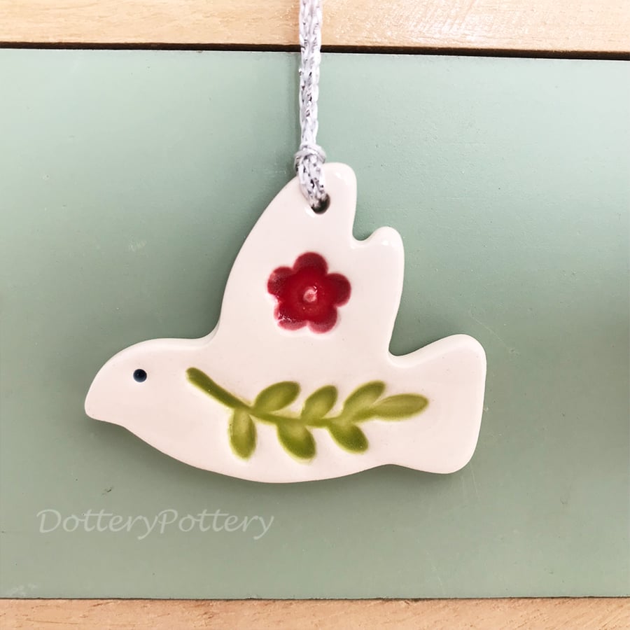 Teeny ceramic dove decoration with leaves and r... - Folksy