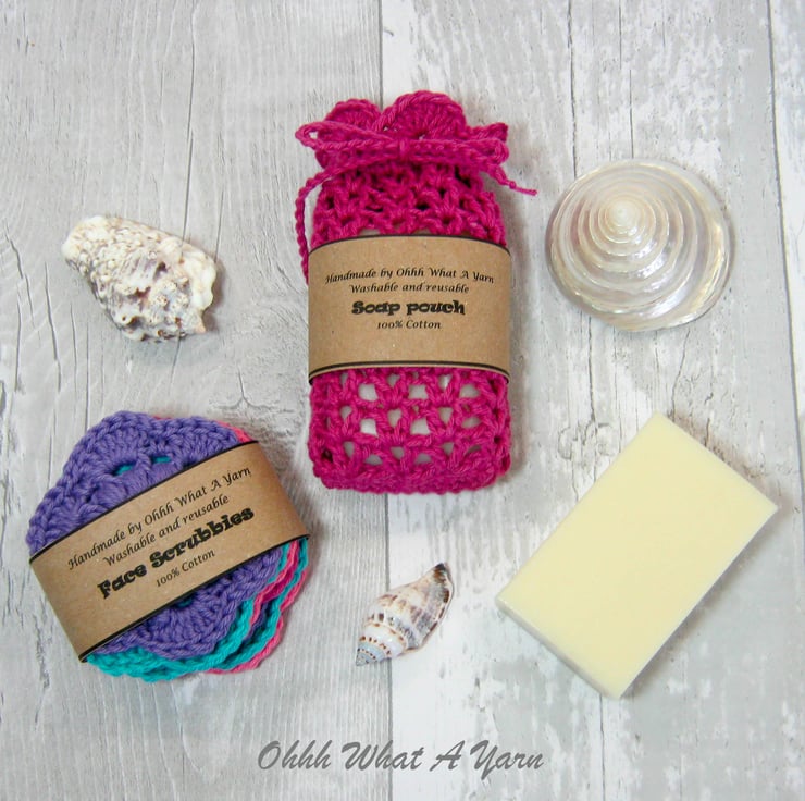 Cotton scrubbies and soap saver, soap pouch. Fa... - Folksy